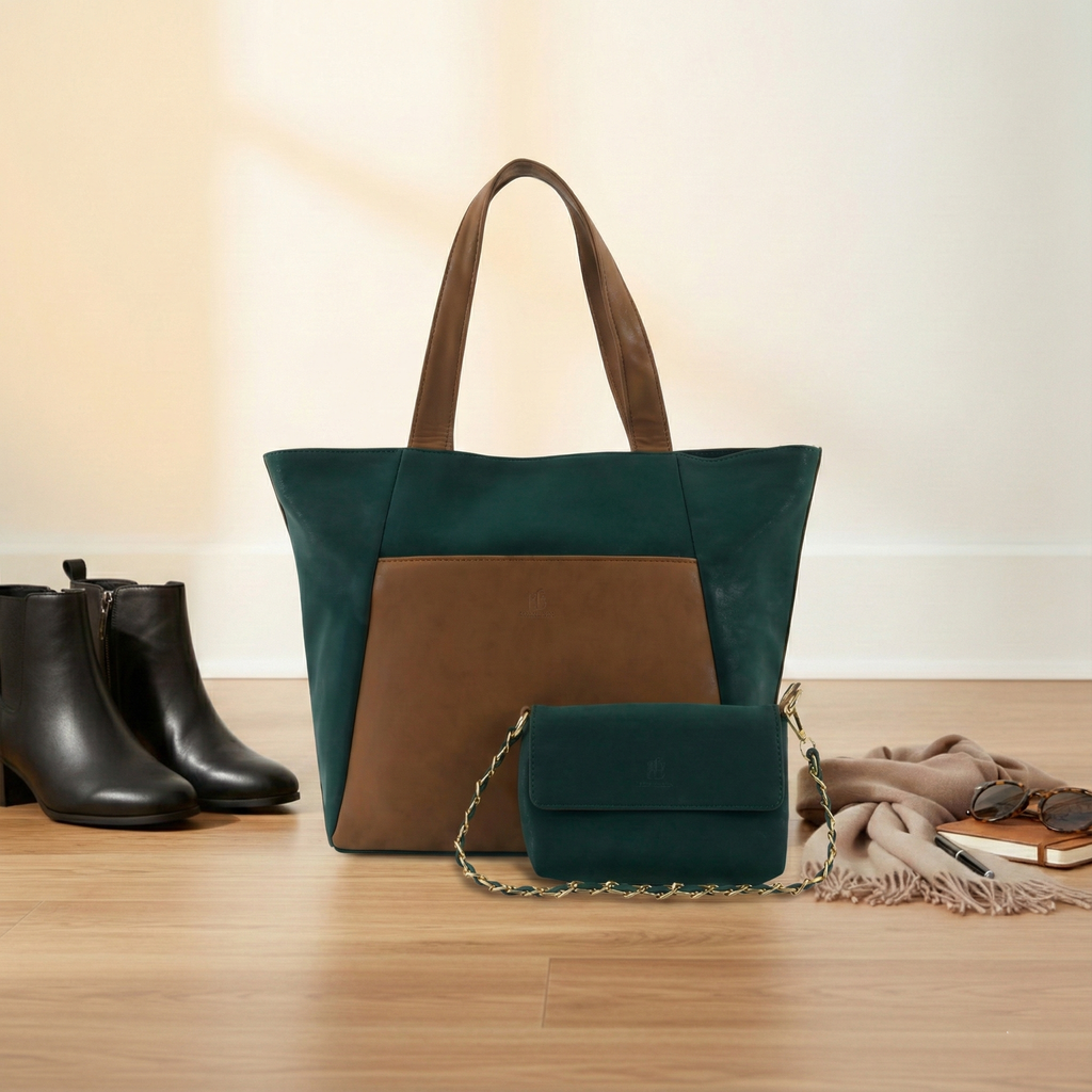 Dual Luxury Tote - Dark green and Tan – Fortenza
